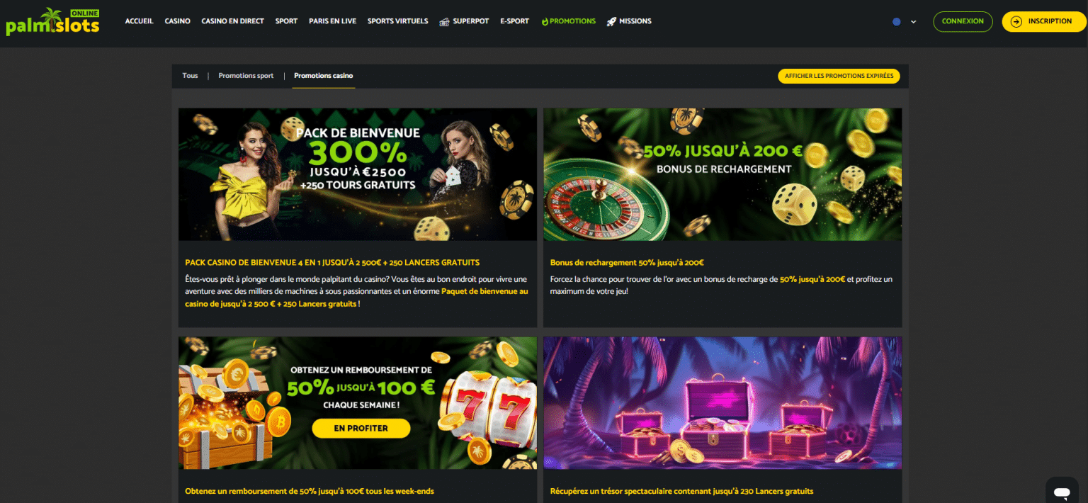 Palm Slots Casino ᐈ Pack de bienvenue 2 500 € + 250 FS ️